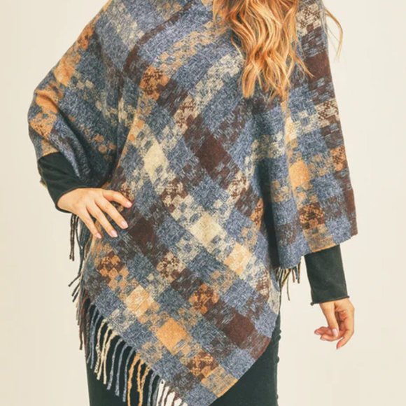 Accessories | Pixel Check Pattern Poncho With Fringes | Poshmark